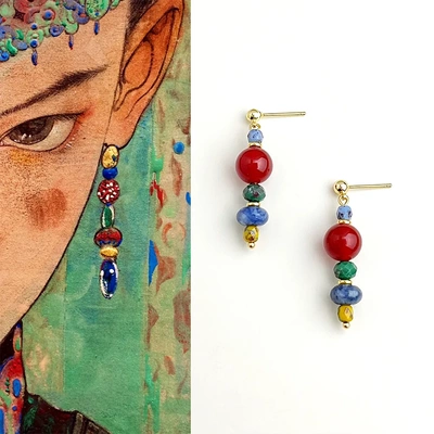 藏式红蓝撞色天然石串珠耳环