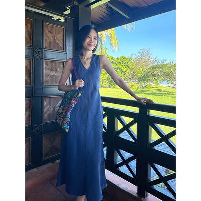 克莱因蓝亚麻斜裁拼接无袖连衣裙