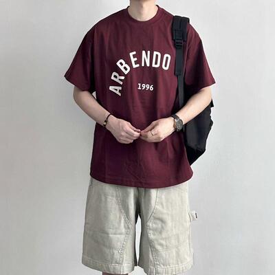 日系酒红色复古字母印花T恤
