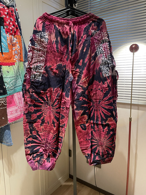 2号红粉图腾泰国艺术扎染纯棉宽松阔腿长裤有口袋裤长102臀围130