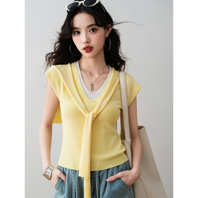 韩系假两件披肩修身显瘦短袖T恤