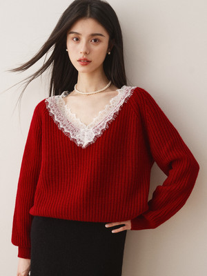 ronronv领法式宽松蕾丝拼接毛衣
