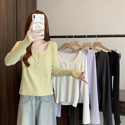 2026春装新款胖mm大码女百搭修身短款长袖打底T恤上衣