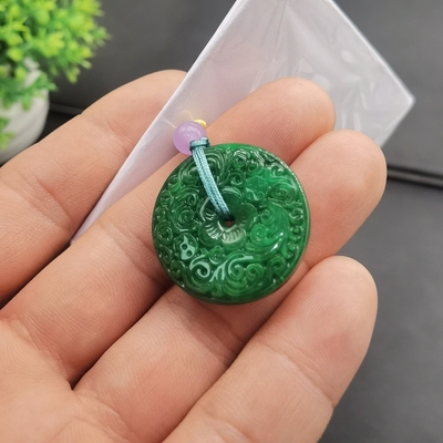 玉石帝王绿祖母绿辣绿色铁龙生绀青雕花平安扣怀古玉坠吊坠挂件