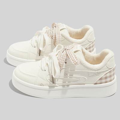 蓓尔校园风少女心粉色小白鞋女ins加绒2025冬款运动休闲保暖板鞋