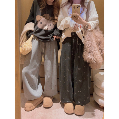 Yukiss 深灰色加绒加厚高腰直筒阔腿卫裤女冬韩系宽松抽绳休闲裤