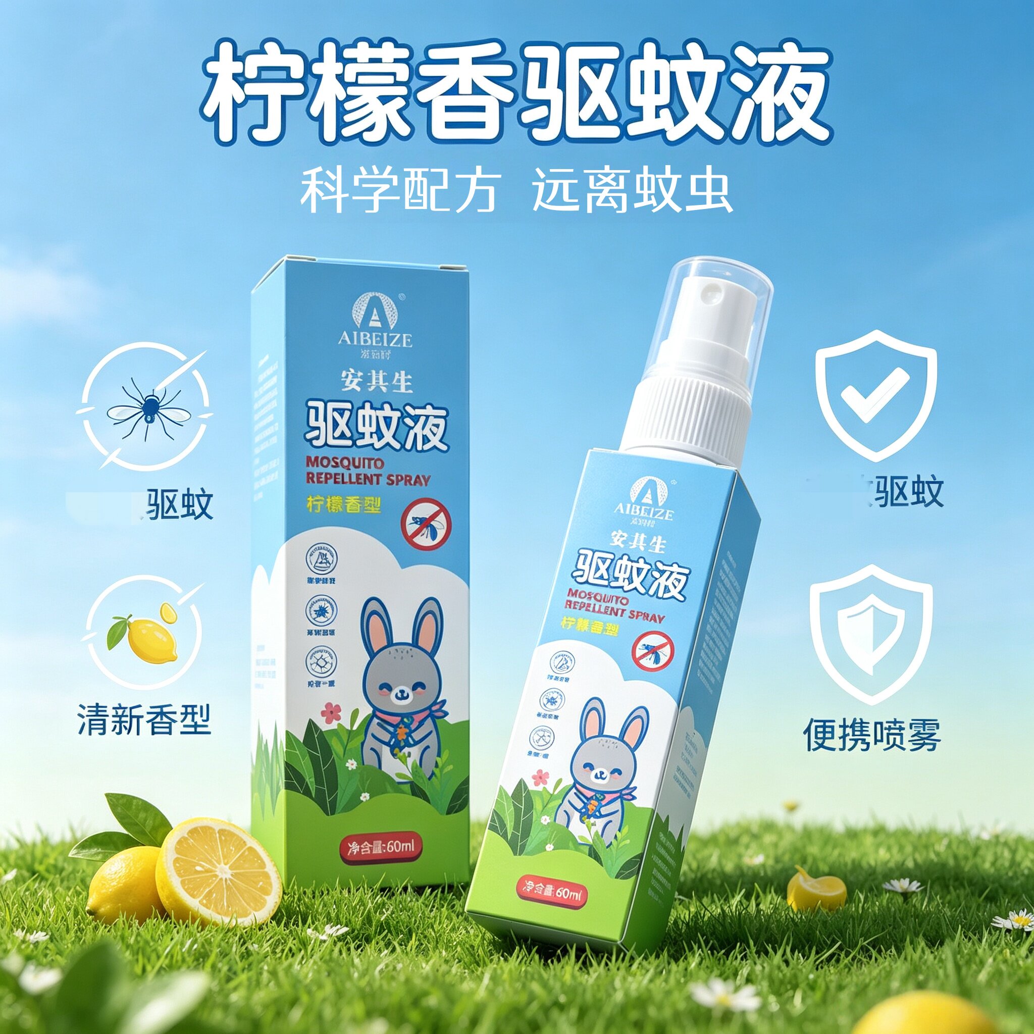 安其生驱蚊液60ml柠檬香型家用户外随身出行防蚊虫叮咬驱蚊水喷雾