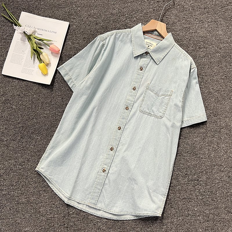 出口美国原单女夏季天丝牛仔短袖衬衫百搭棉质休闲上衣舒适衬衣_虎窝淘