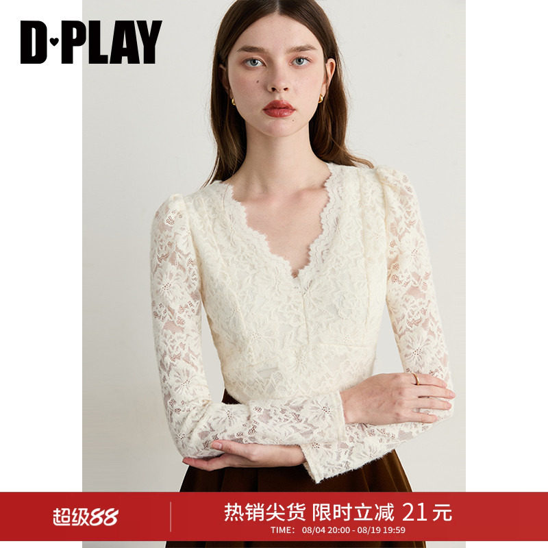 DPLAY【惠品】秋白色V领植绒蕾丝花边时尚小衫上衣女