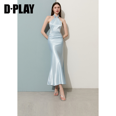 DPLAY高光缪斯蓝色挂脖无袖可拆卸塔克领连衣裙2026夏季新品轻奢