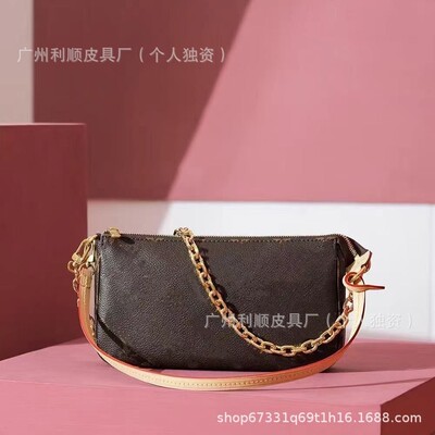 广州外贸新款老花麻将包pochette手袋双肩带链条单肩中古法棍女包