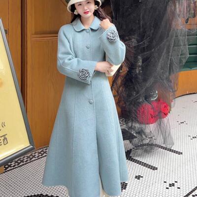 香草海盐复古蓝色双面羊毛大衣