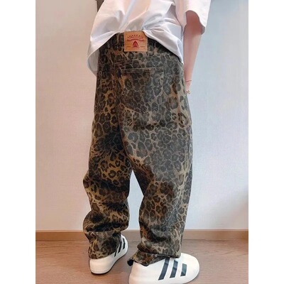 Leopard print denim pants, green thick canvas casual pants