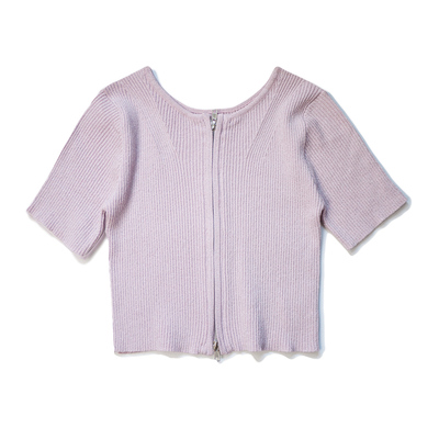 2way亮丝双向拉链短袖针织纱开衫日系森系复古弹力修身圆领女短款