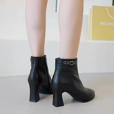 冰洁女鞋2024冬短靴真皮高跟加绒尖头侧拉链时装7056-35特小码34