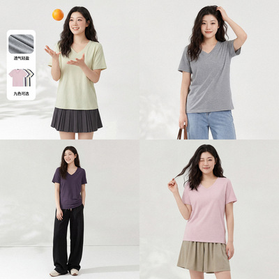 简约V领多色宽松T恤夏季新款胖mm大码女装遮肉显瘦短袖上衣88001