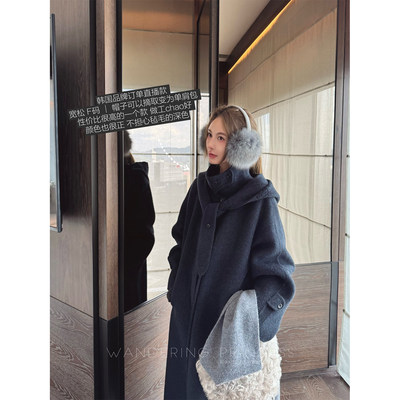 钱美西 韩国苏力羊驼毛连帽双面毛呢大衣 冬季高级感长毛呢外套女