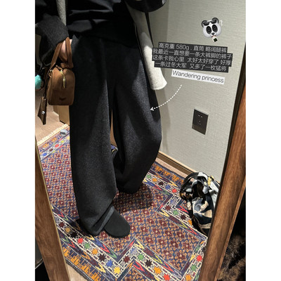 钱美西 580g毛呢阔腿裤遮跨藏肉加厚松紧腰直筒裤女秋冬好穿长裤