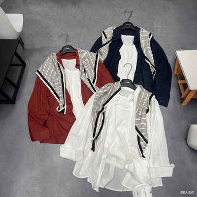 BSMD正品三件套衬衫女夏长袖薄透视开衫防晒衬衣+背心内搭+丝巾韩