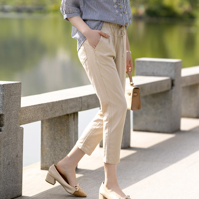 自然腰七分裤抽绳麻粘