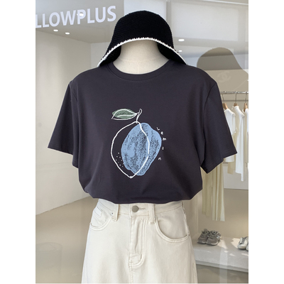 韩版手绘水果印花圆领短袖T恤女