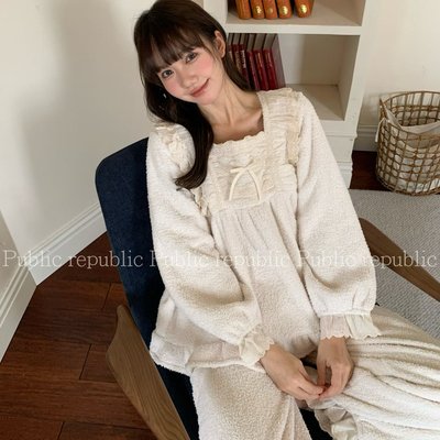 Public republic韩国冬季保暖加绒甜美法式宫廷风蕾丝花边家居服