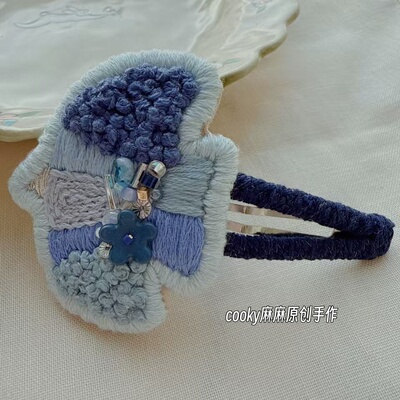 cooky麻麻原创手作重工刺绣订珠蓝色飞鸟发夹边夹