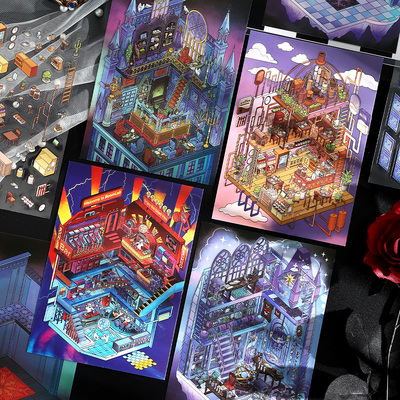 微恐暗黑风造景贴纸大号今日营业中十六弹小众微缩室内场景解压贴