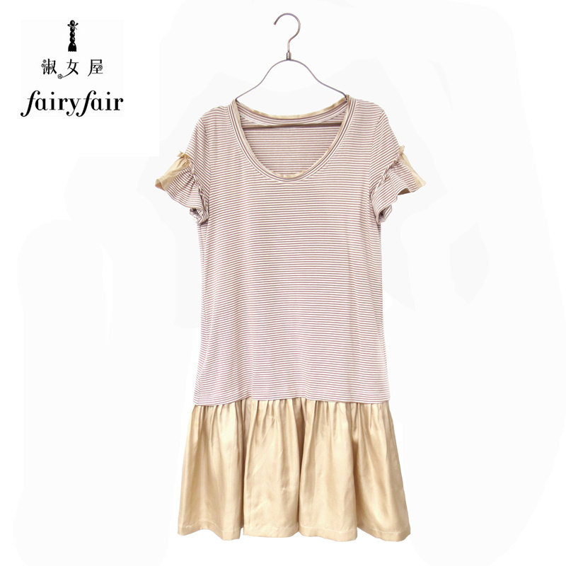 夏款 FAIRYFAIR 专柜正品 浅咖白条短袖拼接休闲连衣裙短裙
