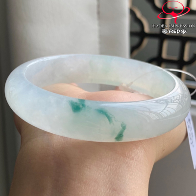 豪8印象W261000W186翡翠手镯圈口57.6天然冰种白底绿飘花缅甸玉镯