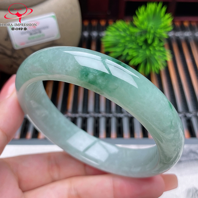 豪8印象®X26100X286翡翠手镯圈口59.5mm天然冰糯种绿飘花缅甸玉镯