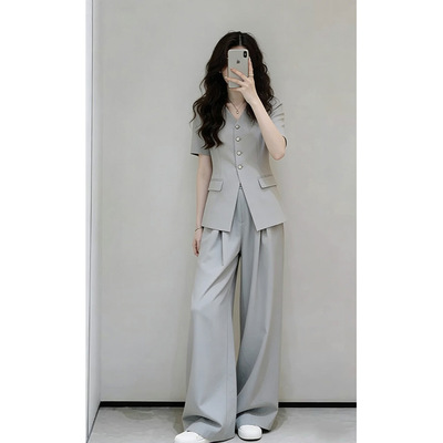 200斤大码薄款短袖西装套装女夏季新款韩系胖mm阔腿裤两件套2660