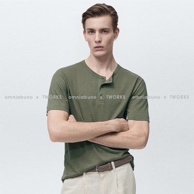 亚麻亨利领复古透气短袖T恤