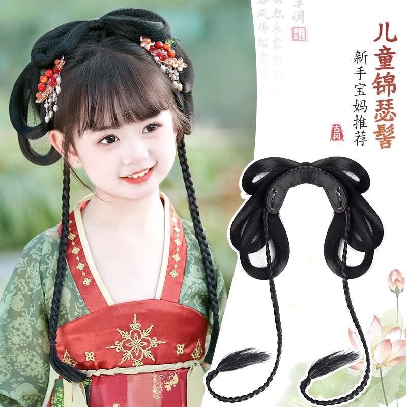 儿童汉服头饰发箍一体式假发包女古装盘发舞台演出发髻中国风发饰