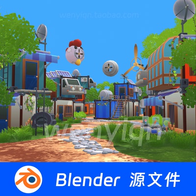 卡通小镇建筑街道别墅房子可爱低面体粗模Blender场景模型2521