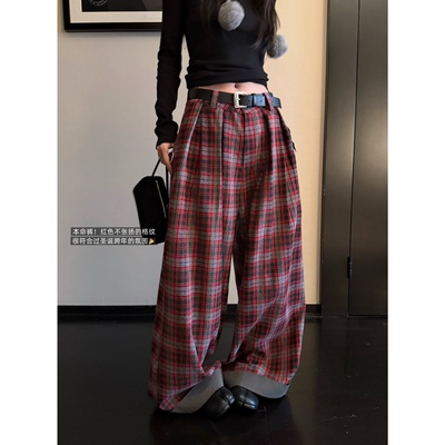 superniniyy 本命裤&调性过节低调红色格纹毛呢翻边阔腿裤长裤女