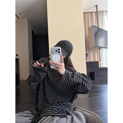 superniniyy 条纹衫95莱赛尔柔软加厚磨毛宽松内搭T恤打底衫上衣