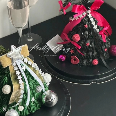 亮金丝带蝴蝶结圣诞树蛋糕装饰