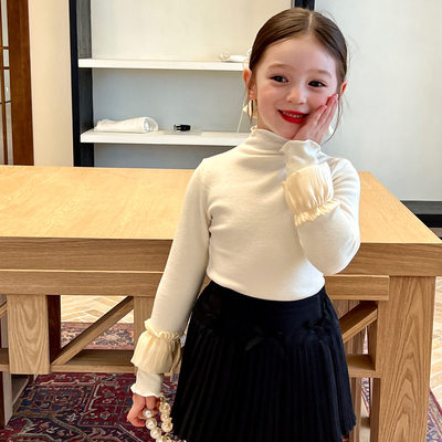 栀了成长记童装女童木耳边百搭弹力打底衫春秋款儿童时髦打底上衣