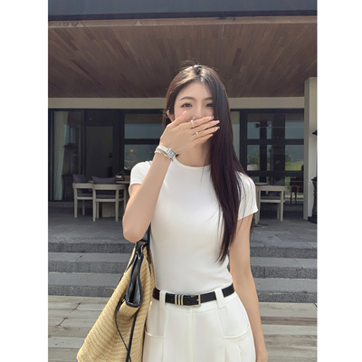 MULVAN 正肩圆领短袖t恤女夏新款修身基础百搭弹力针织白色上衣