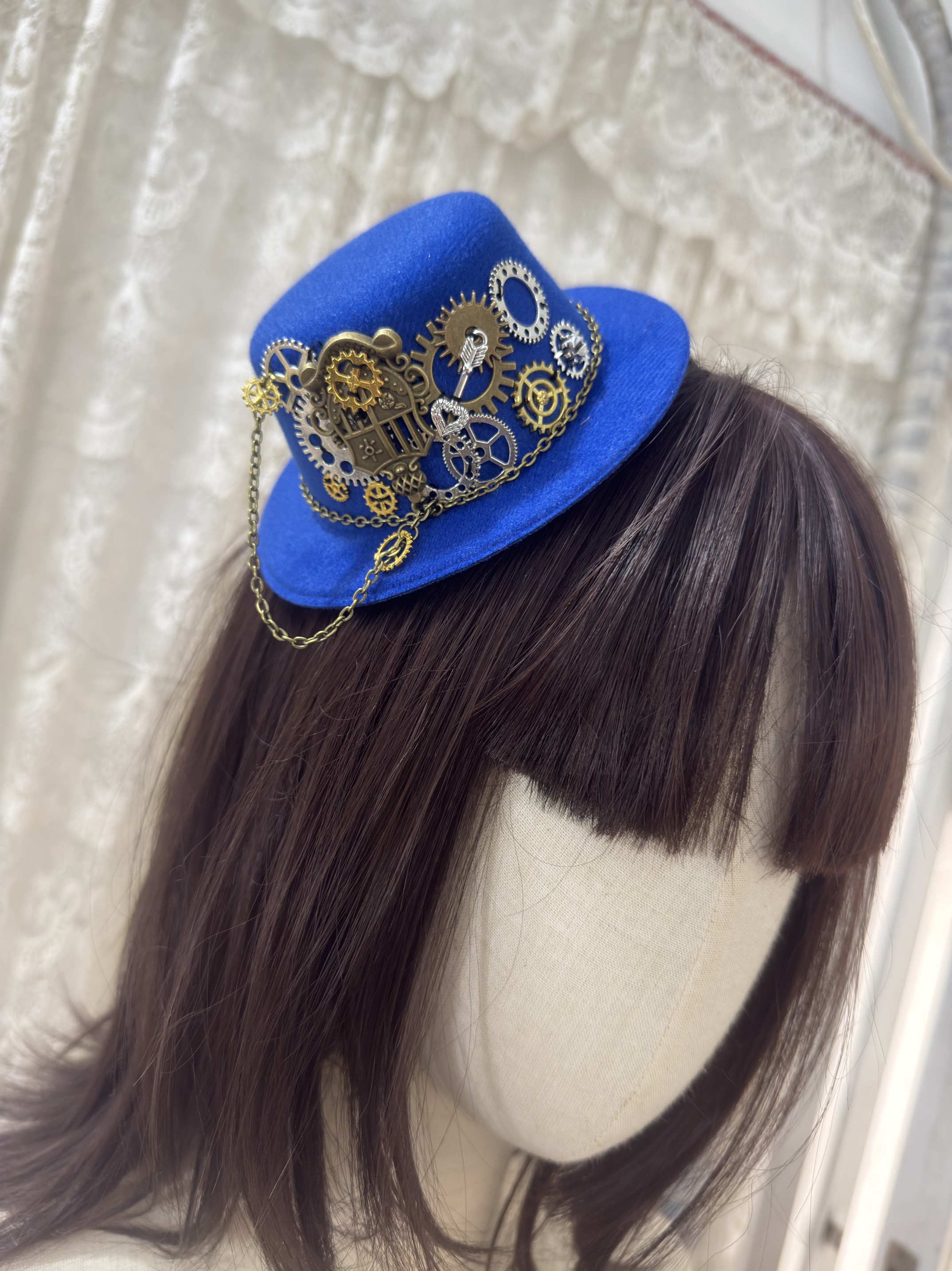 聚会演出装饰蓝色帽子蒸汽朋克帽子复古lolita小礼帽配饰齿轮包邮