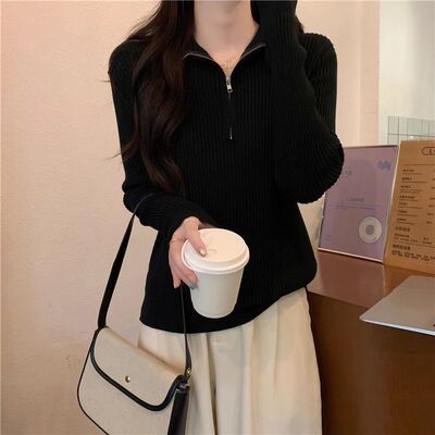 Lapel Bottoming Sweater, French Style High-end Zipper Women'