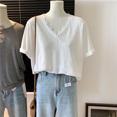 Lace V-neck Snowflake tton And Linen Short-sleeved T-shirt W
