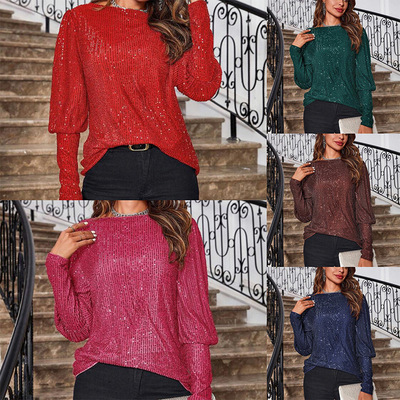 2026 mmuter Women's Loosen Sequin Turtleneck T-shirt