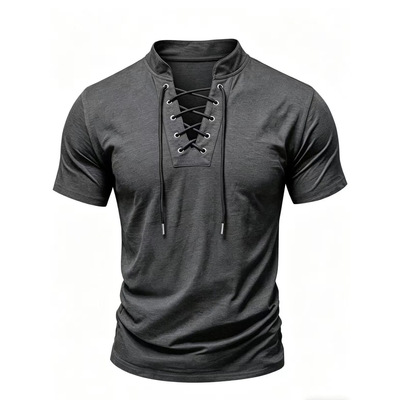 Men's Large Size Retro V-neck Lace-up Casual Solid lor Short