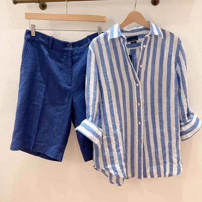 French Design Blue And White Striped Ramie Sunscreen For Wom