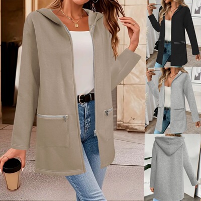 at Solid lor Zipper mforle Casual Hooded Jacket For Women