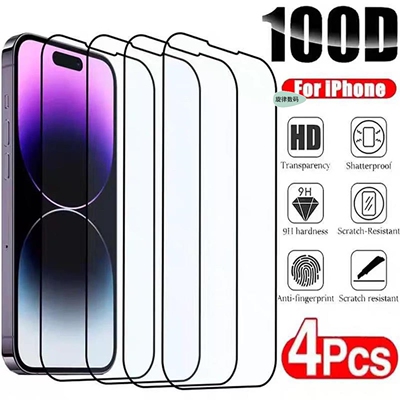 4Pcs Full Cover Screen Protector For iPhone 17 16 15 14 12 13Pro Max Tempered Glass 16plus适用苹果11