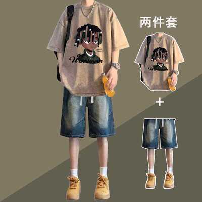 fromwrting 美式复古夏季新款短袖短裤男生套装韩版潮流炸街运动