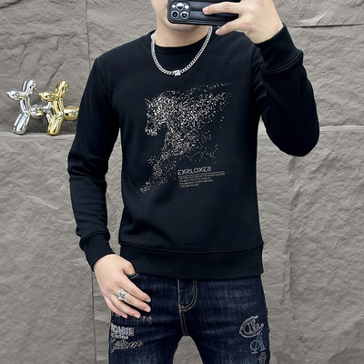 fromwrting 源头工厂男士2024春秋潮牌重工烫钻马图案修身潮男士